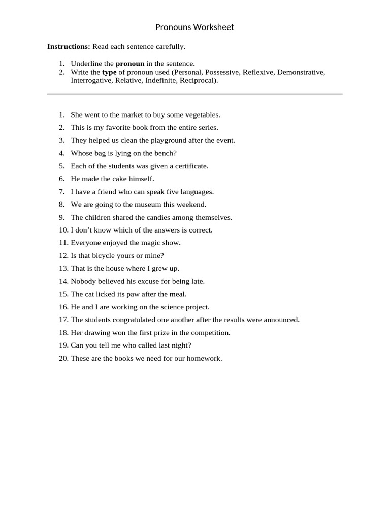 Pronouns Identification Worksheet | PDF