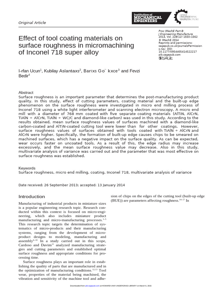 Tool Coatings Impact on Inconel 718 Roughness | PDF | Machining ...