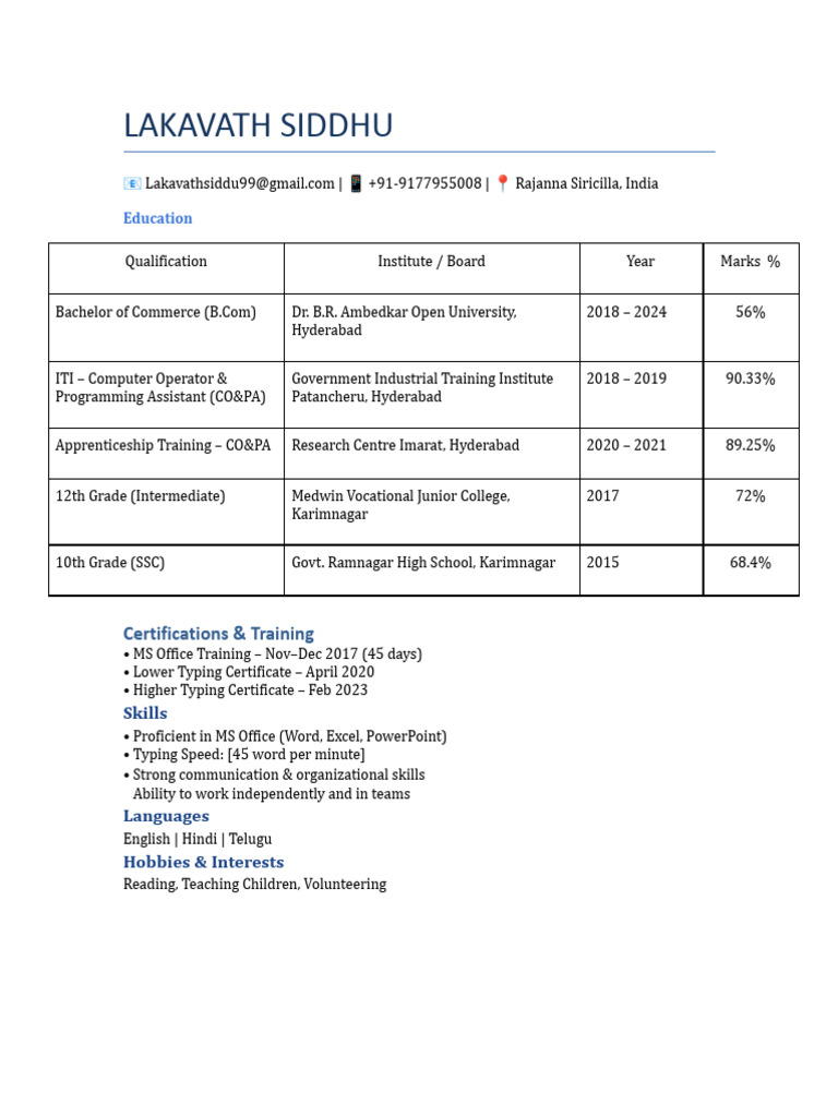 Lakavath Siddhu: Education & Skills Profile | PDF