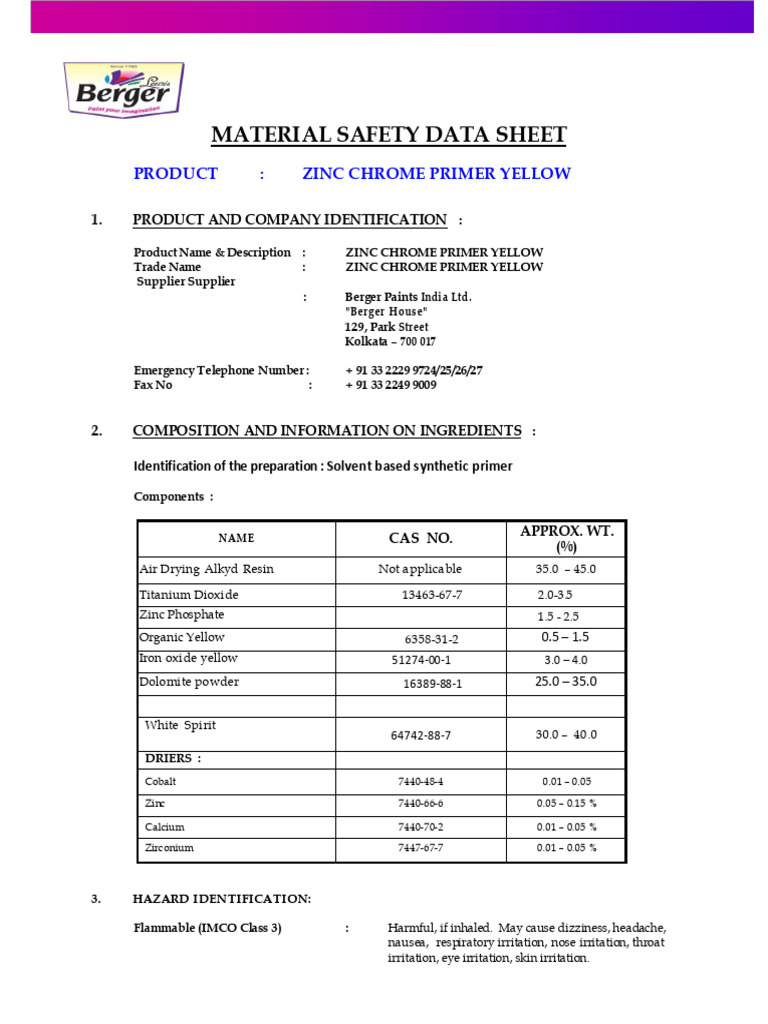Zinc Chrome Primer Yellow MSDS Guide | PDF | Water | Personal ...