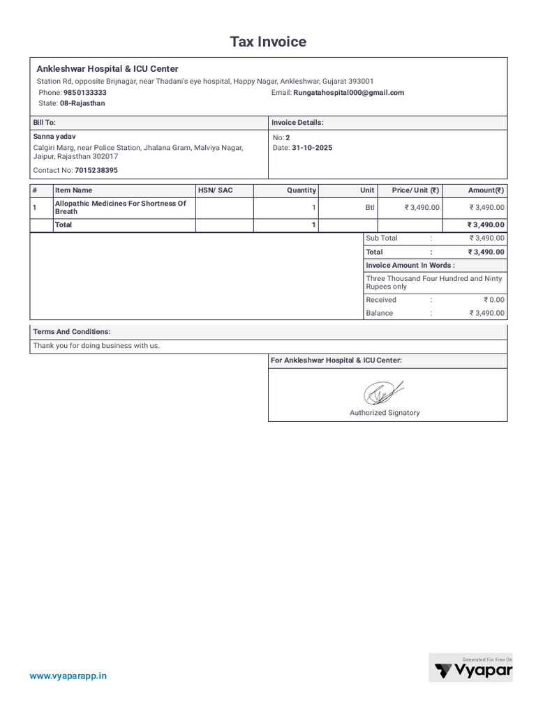 Ankleshwar Hospital Invoice PDF | PDF