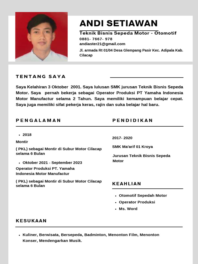 Lamaran Kerja Andi Setiawan Otomotif | PDF
