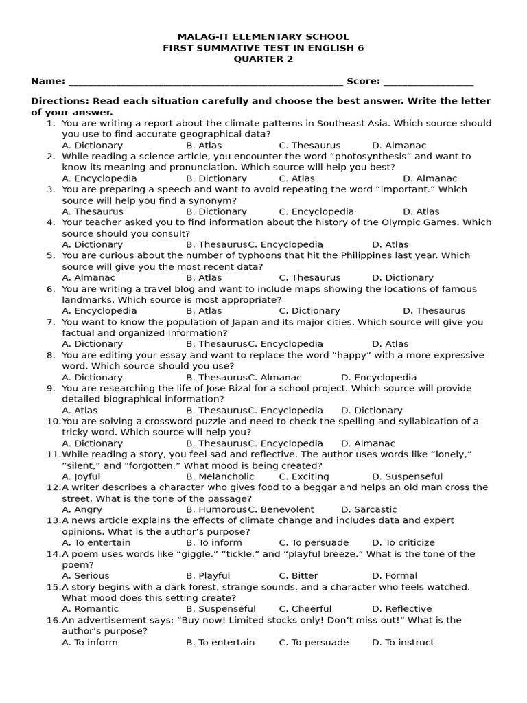 English 6 Summative Test Guide | PDF