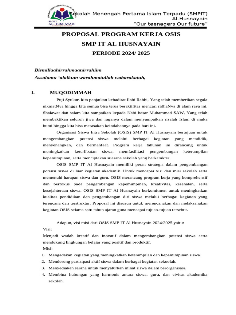 Proposal Program Kerja OSIS SMPIT Al Husnayain | PDF