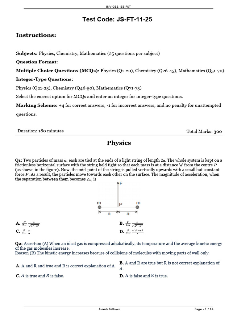 JNV G11 JEE FST Physics Chemistry Math Exam | PDF | Gases | Multiple Choice