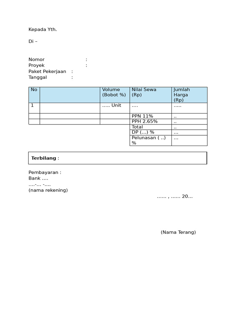 Contoh Invoice Sewa Alat Lengkap | PDF