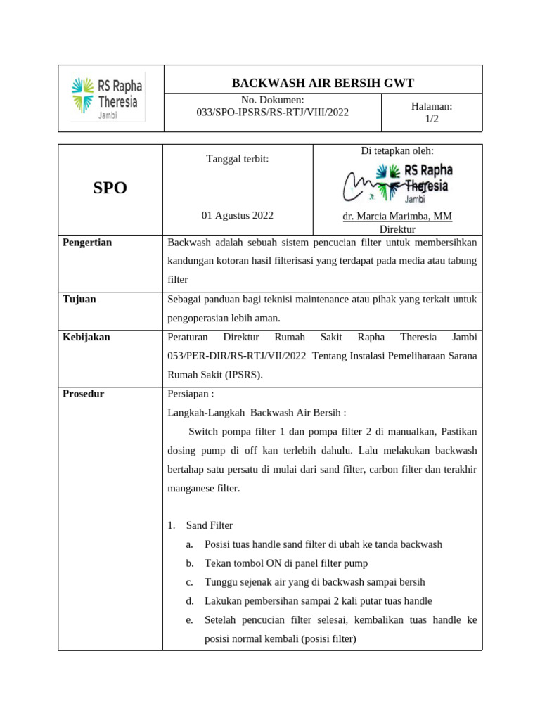 Prosedur Backwash Filter Air Bersih | PDF