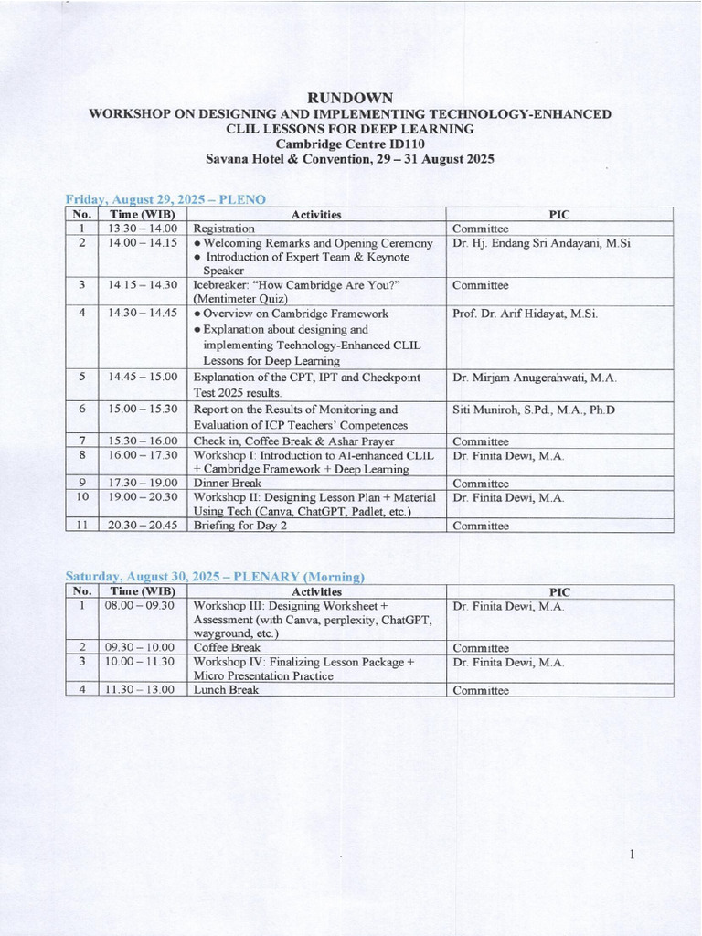 Rundown Workshop 29 - 31 Agustus 2025 | PDF