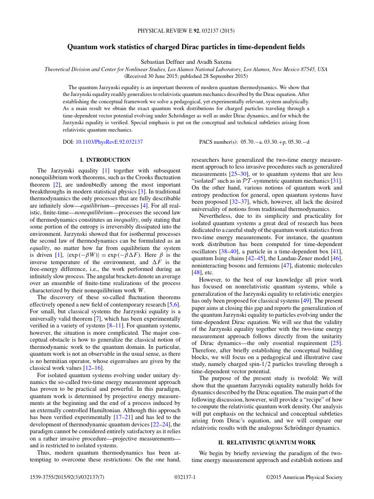 Quantum Work Statistics of Charged Dirac Particles in Time-Dependent Fields | PDF | Schrödinger ...