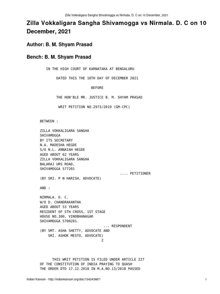 Zilla Vokkaligara Sangha Shivamogga Vs Nirmala. D. C On 10 December, 2021 | PDF | Justice ...