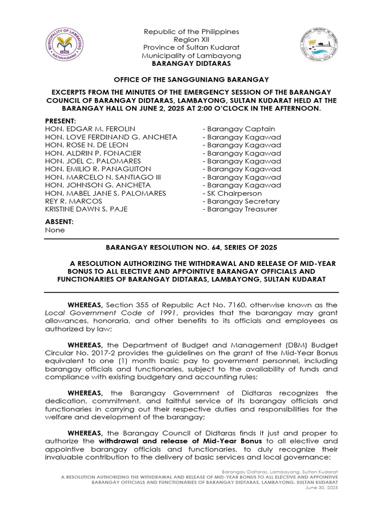 Resolution Authorizing The Withdrawal and Release of Mid-Year Bonus To ...