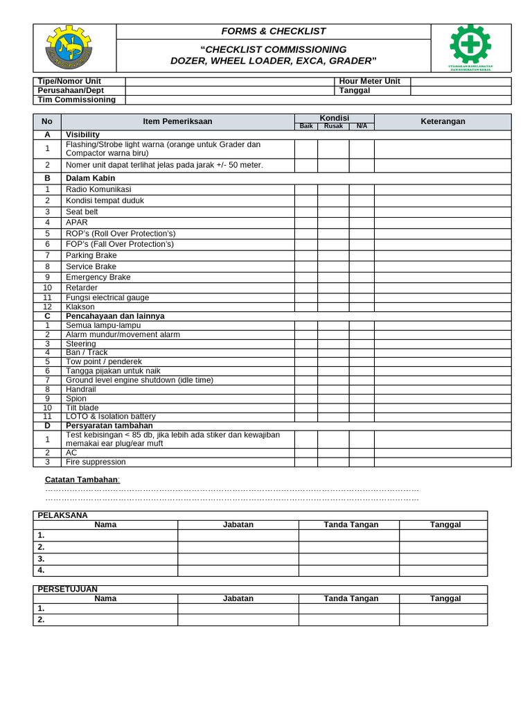Checklist Commissioning Alat Berat NP | PDF