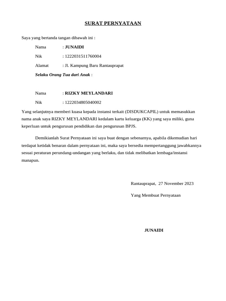 Surat Pernyataan Keterangan Anak | PDF