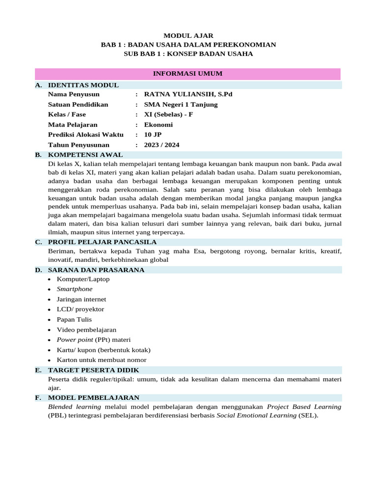 Ekonomi 11 Bab 1 - Badan Usaha Dalam Perekonomian | PDF