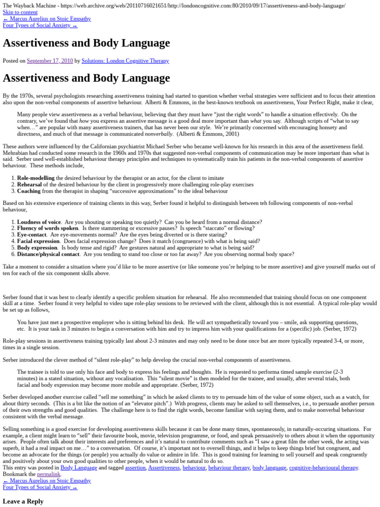 Assertiveness and Body Language - Solutions - London Cognitive Therapy ...