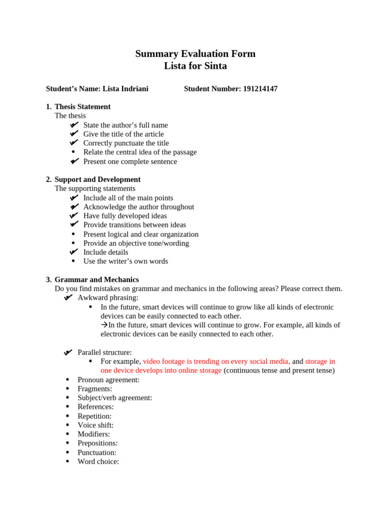 Summary Evaluation Form Template | PDF