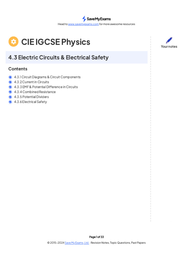 IGCSE Physics: Electric Circuits Guide | PDF | Series And Parallel ...