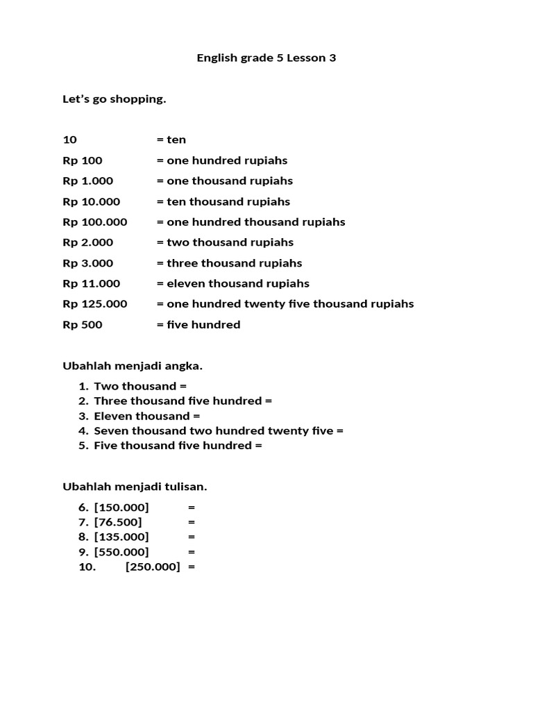 Grade 5 English Lesson: Shopping Numbers | PDF