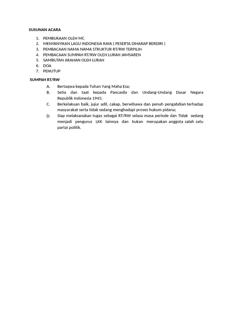 Acara Pelantikan RT/RW Jamsaren | PDF