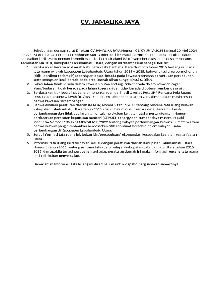 Status Tata Ruang CV. Jamalika Jaya | PDF