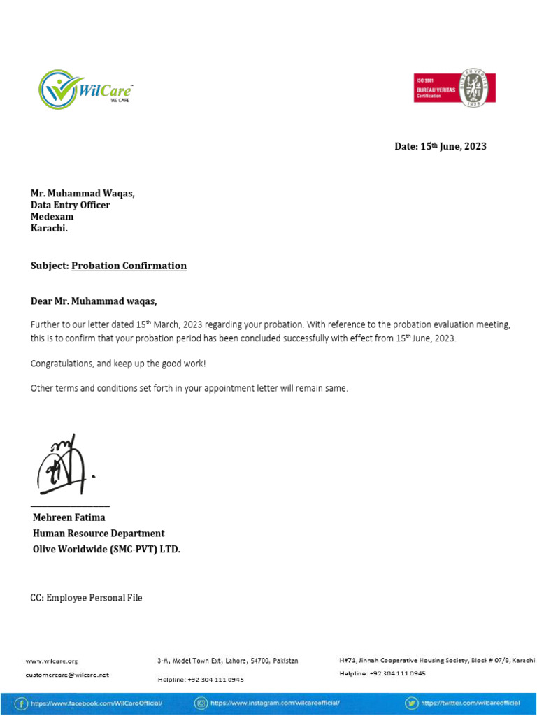 Probation Confirmation Letter - Muhammad Waqas | PDF