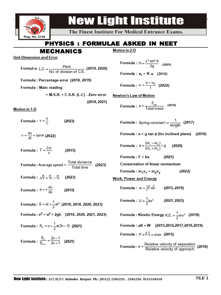 Physics Formula Asked in Neet | PDF | Theoretical Physics | Physics