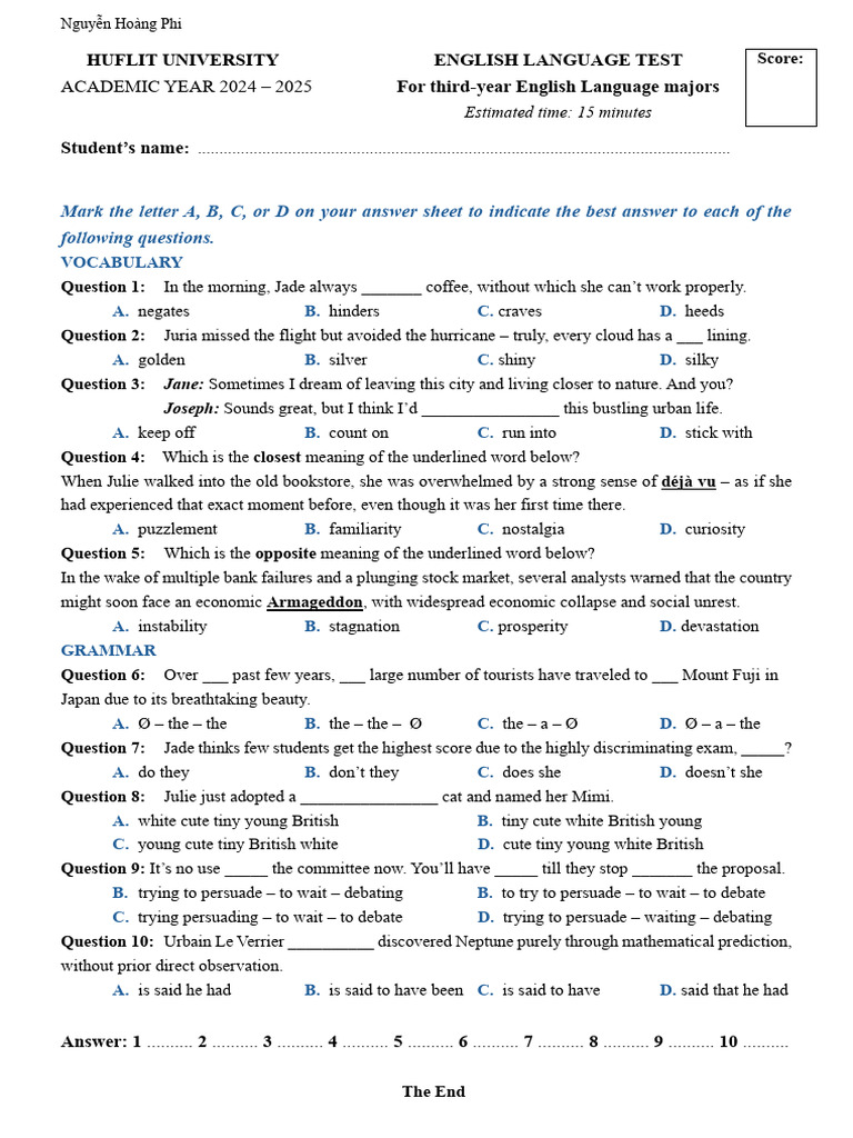 10 English Language Questions Test | PDF