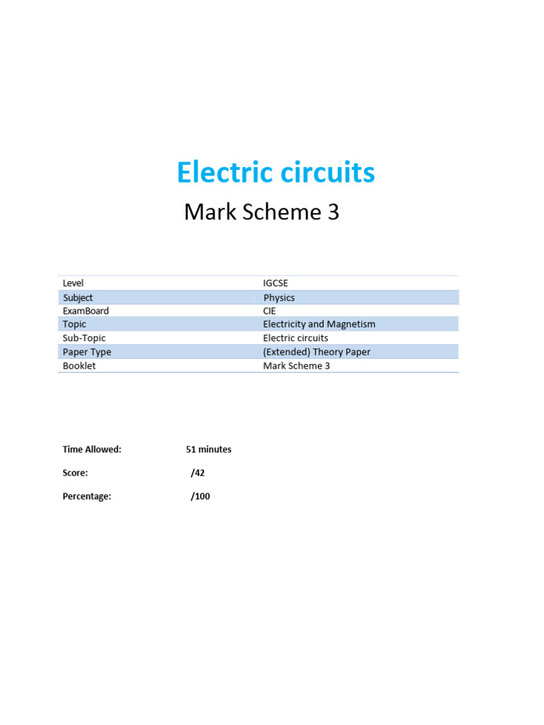 IGCSE Electric Circuits Mark Scheme | PDF | Resistor | Electrical ...