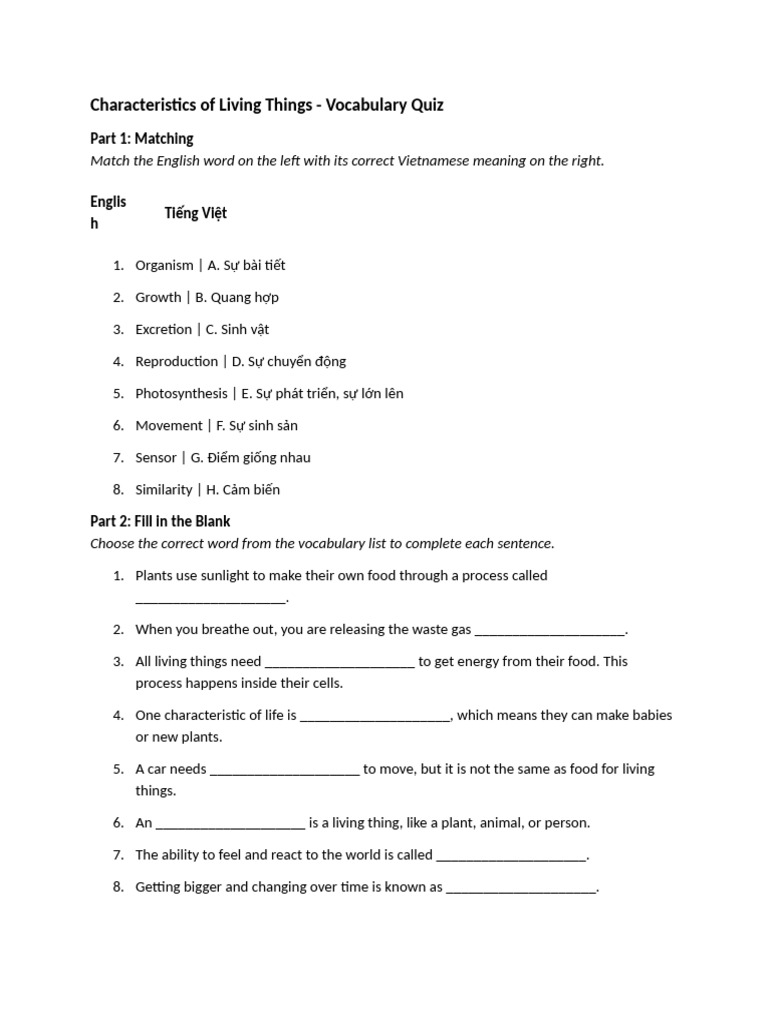 Characteristics of Living Things Quiz | PDF