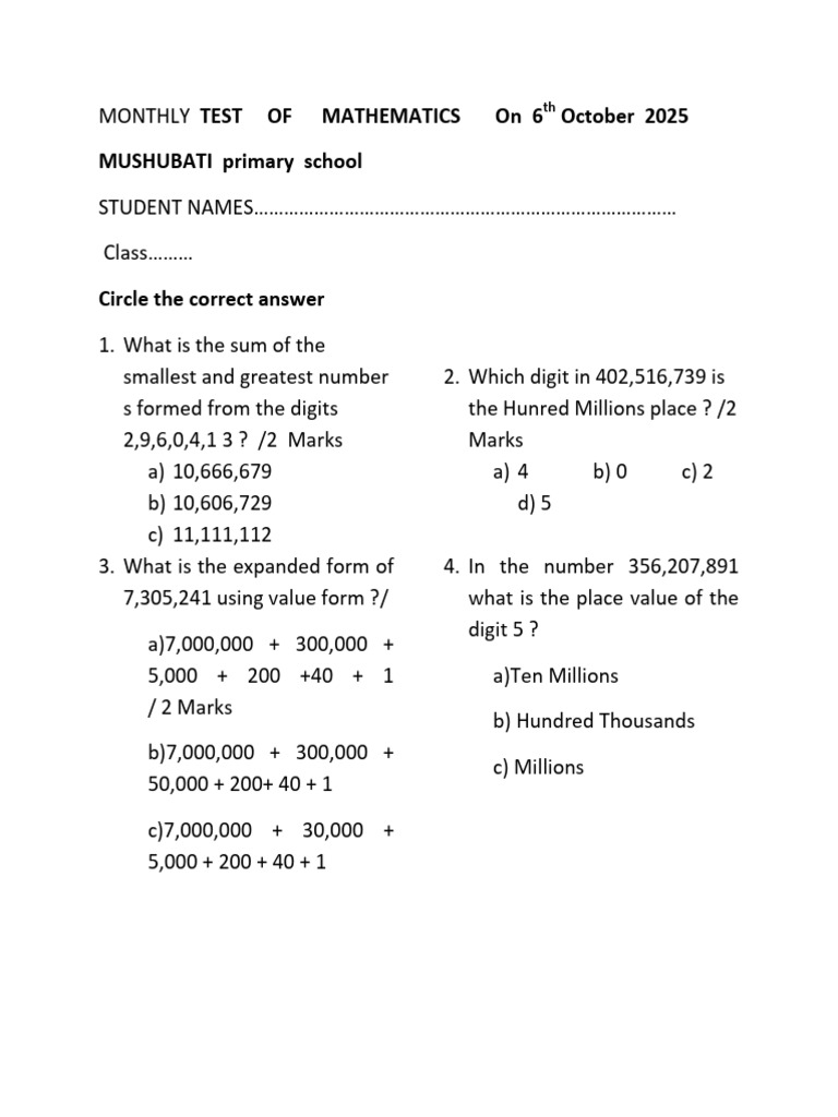 Monthly Mathematics Test for Students | PDF | Discrete Mathematics ...