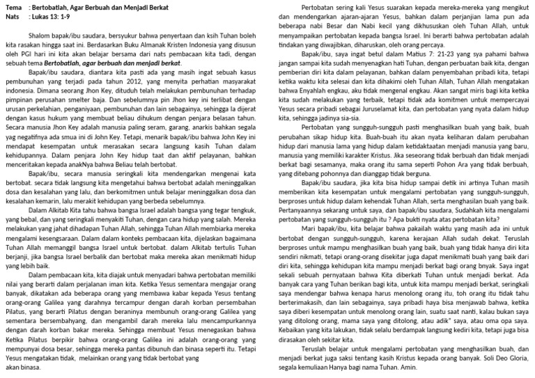 Bertobatlah Agar Berbuah Dan Menjadi Berkat | PDF