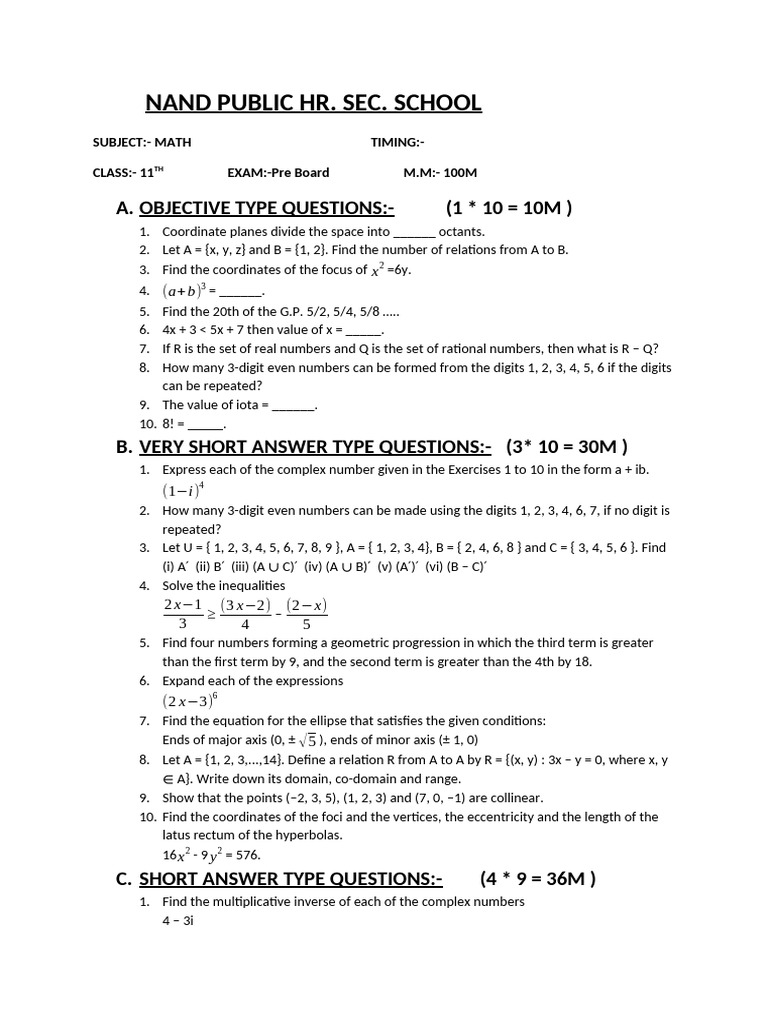 Class 11 Math Pre-Board Exam Paper | PDF | Geometry | Mathematics