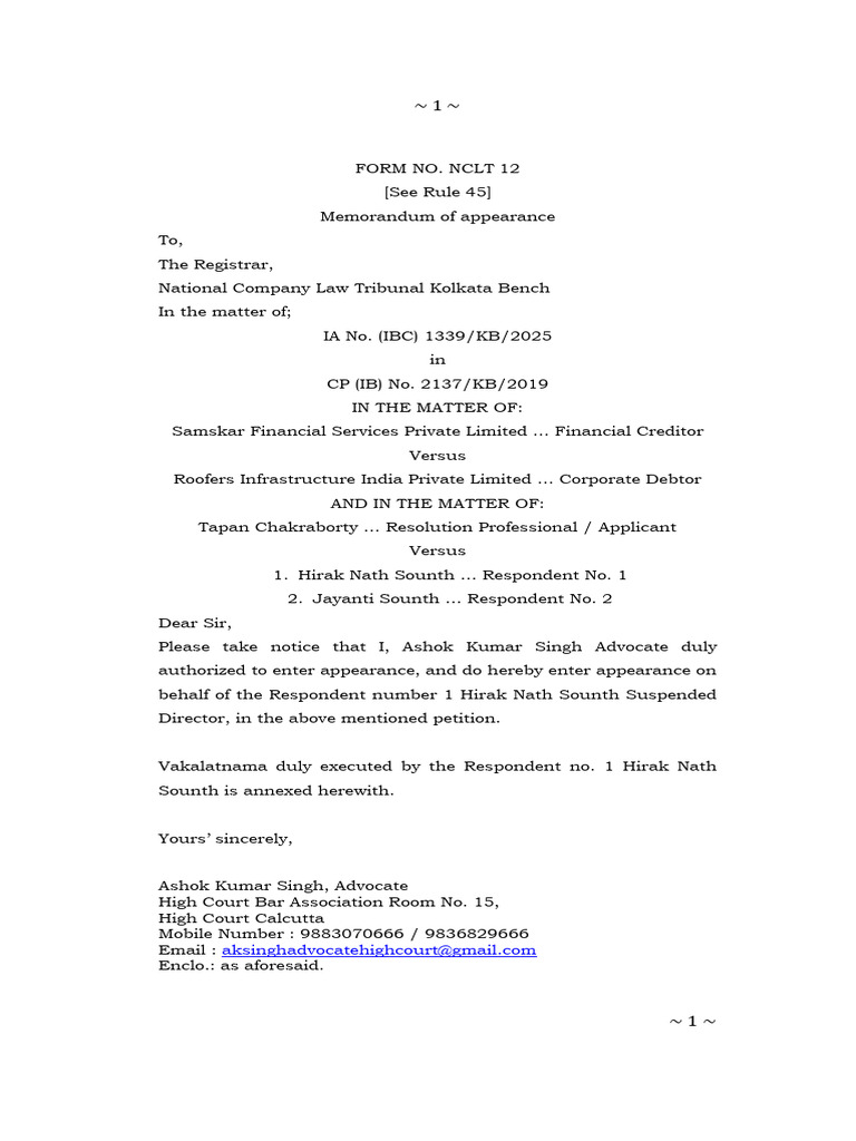 FORM NO 12 - NCLT - Section 66 - Hirak Nath Sounth - November - 2025 | PDF
