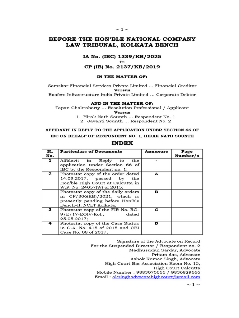 Front Page and INDEX - Reply To Application 66 - Hirak Nath Sounth ...