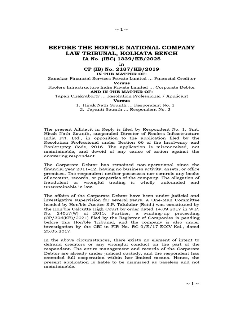 SYNOPSIS - Reply Under Section 66 IBC - Hirak Nath Sounth - November - 2025 | PDF