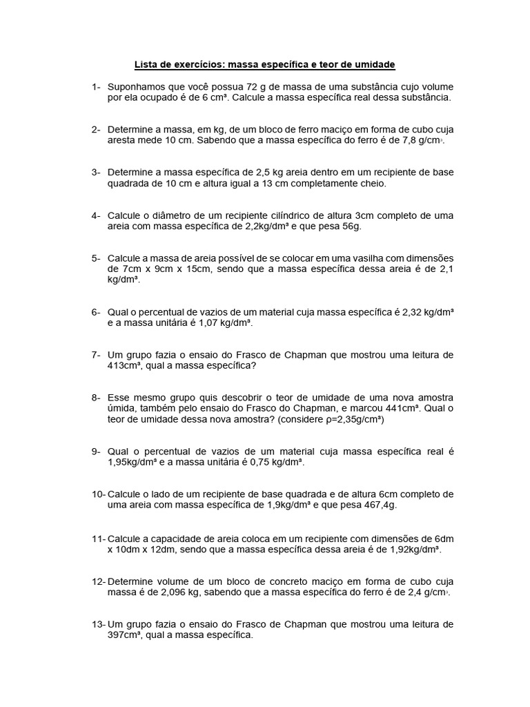 Exercícios sobre Massa Específica e Umidade | PDF | Densidade | Umidade