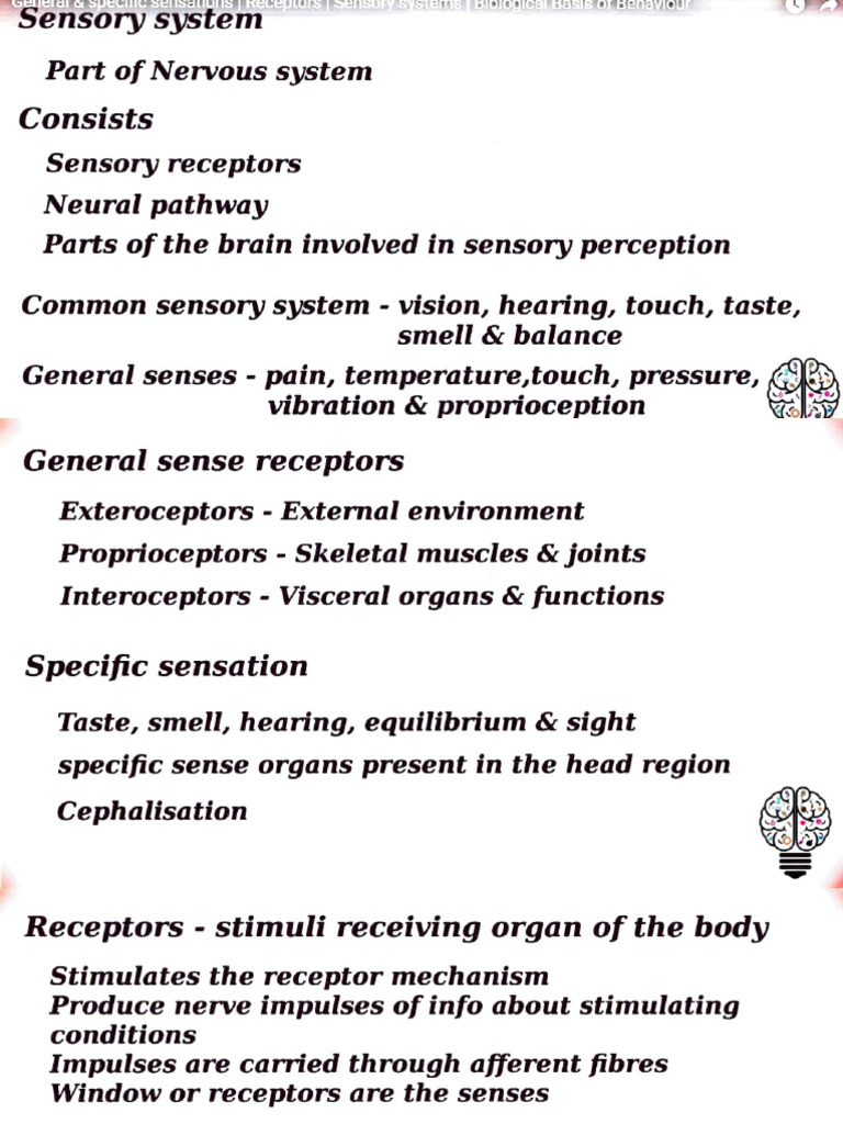 Sensory Systems General and Specific Sensations, Receptors and ...