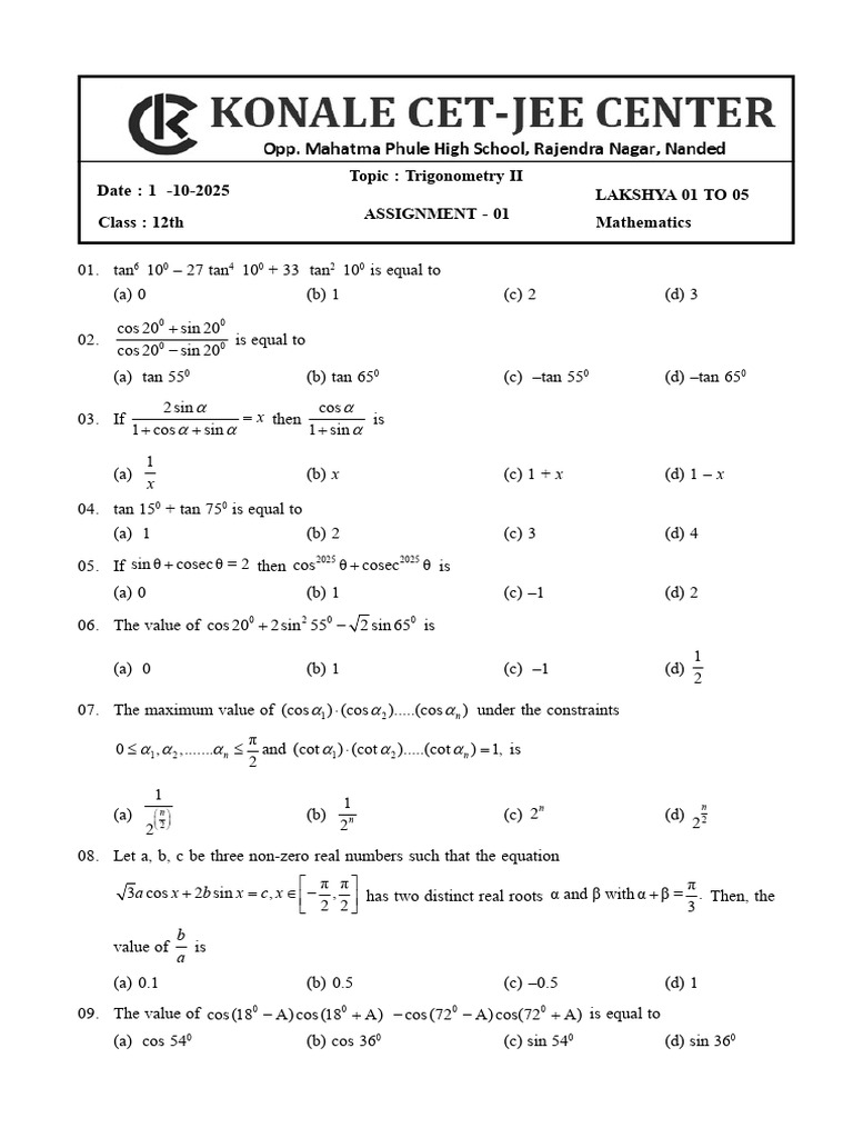 01 - Trigonometry-Ii (18-10-2025) | PDF | Trigonometric Functions | Euclidean Geometry