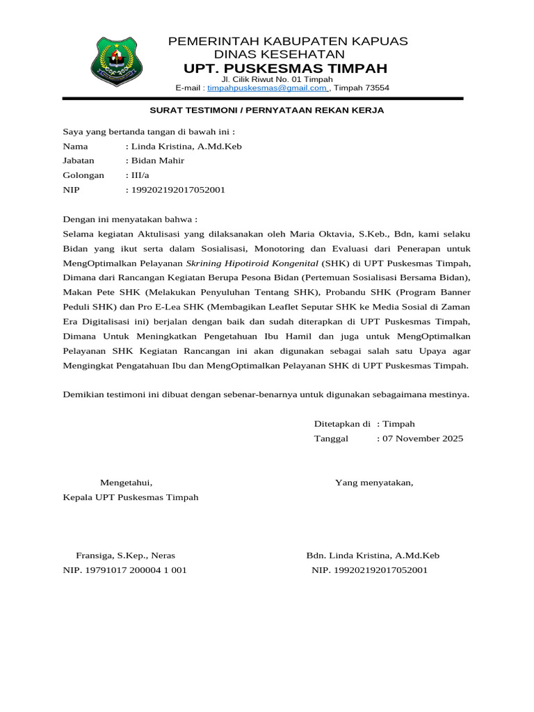 Testimoni Pelayanan Skrining SHK Timpah | PDF