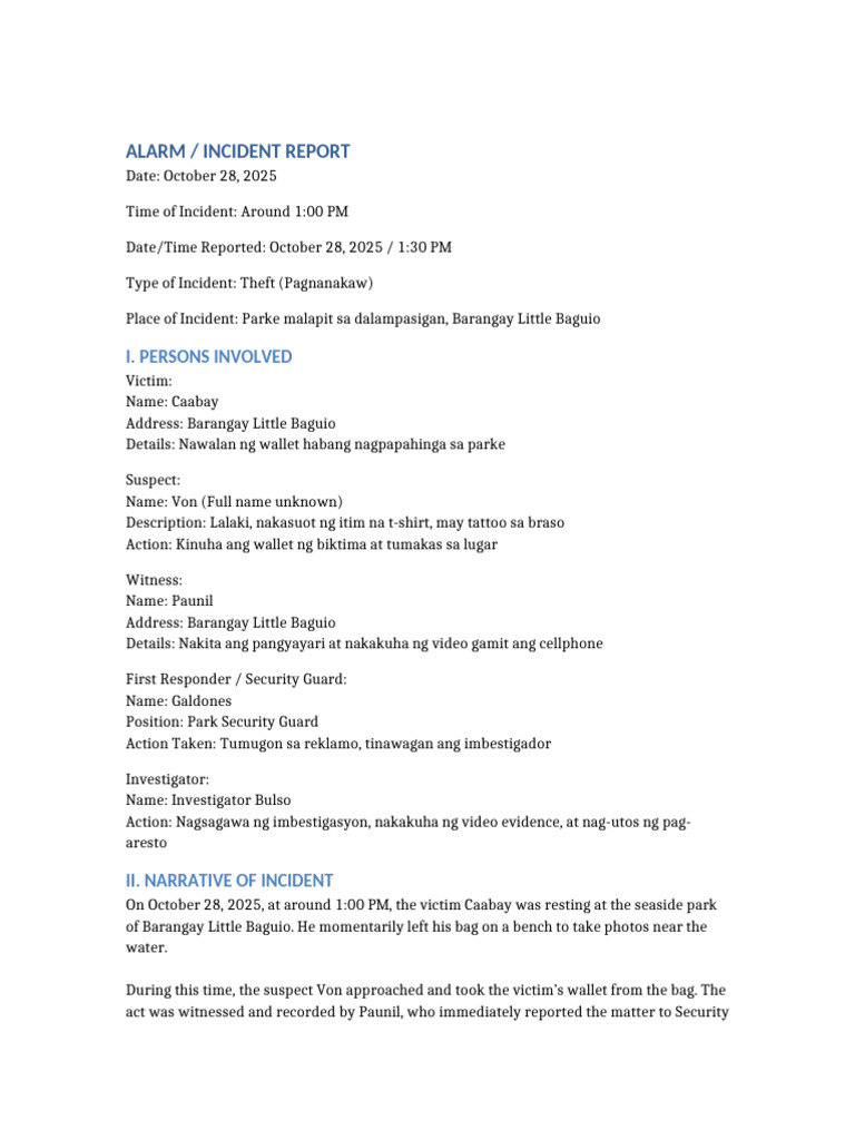 Alarm Incident Report Nanakaw Sa Parke (1) | PDF | National Security ...