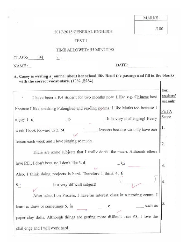 YT P4 English Term 1 Test 1 (With Answers) | PDF