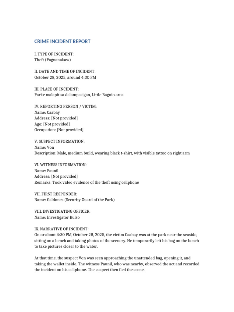 Theft Incident Report in Little Baguio | PDF | Misconduct | Criminal Law