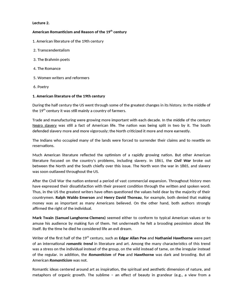 Lecture 2 AL American Romanticism and Reason | PDF | Transcendentalism ...