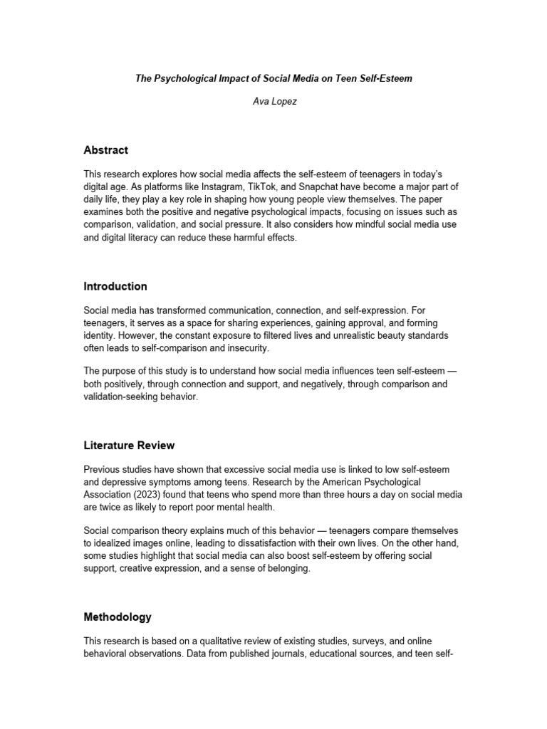 The Psychological Impact of Social Media On Teen Self-Esteem PDF | PDF ...