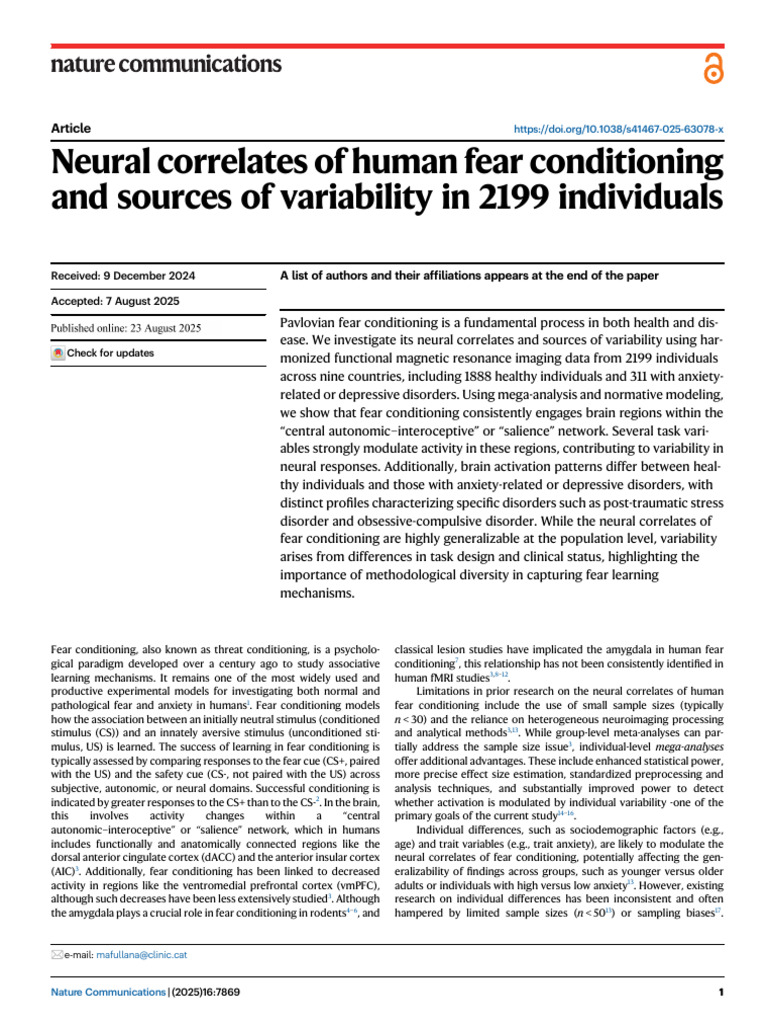 Neural Correlates of Human Fear Conditioning and Sources of Variability ...