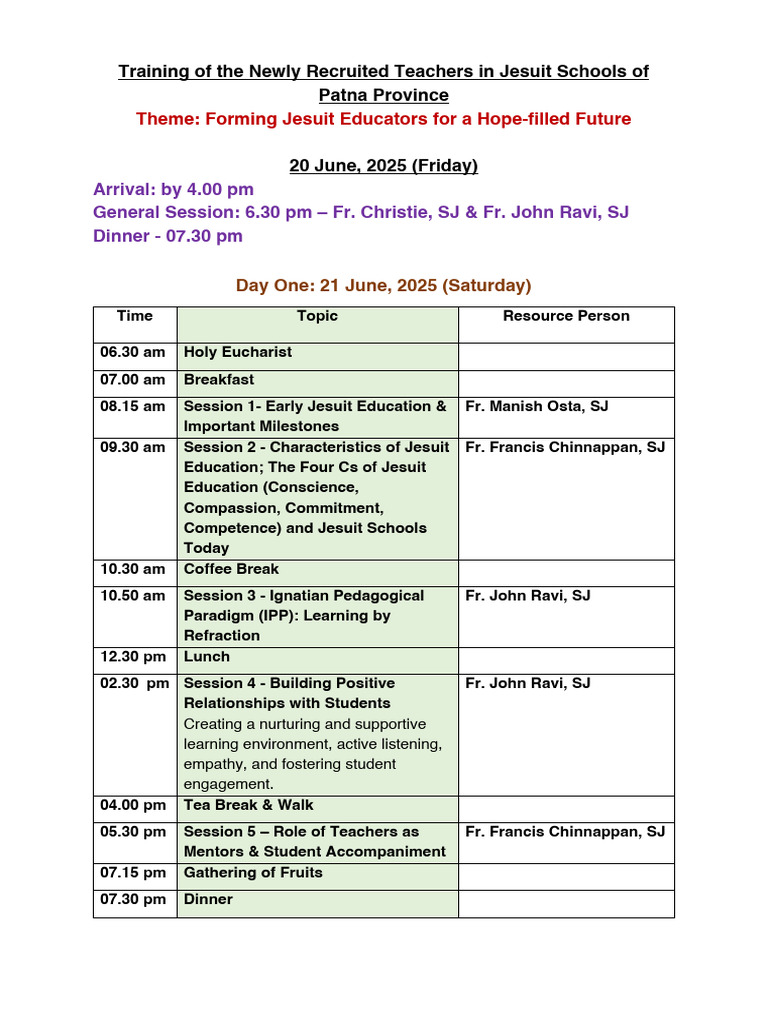 Teachers Training Schedule - 21 & 22 June, 25 | PDF
