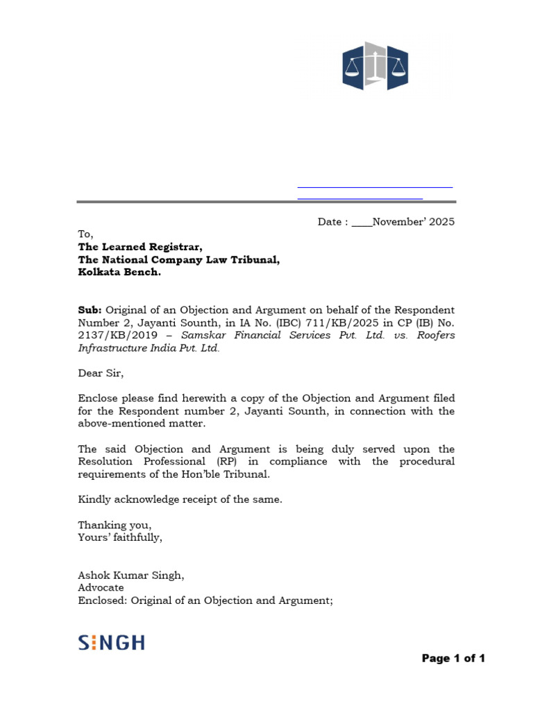 Communication To Registrar - Original - Objection and Argument ...