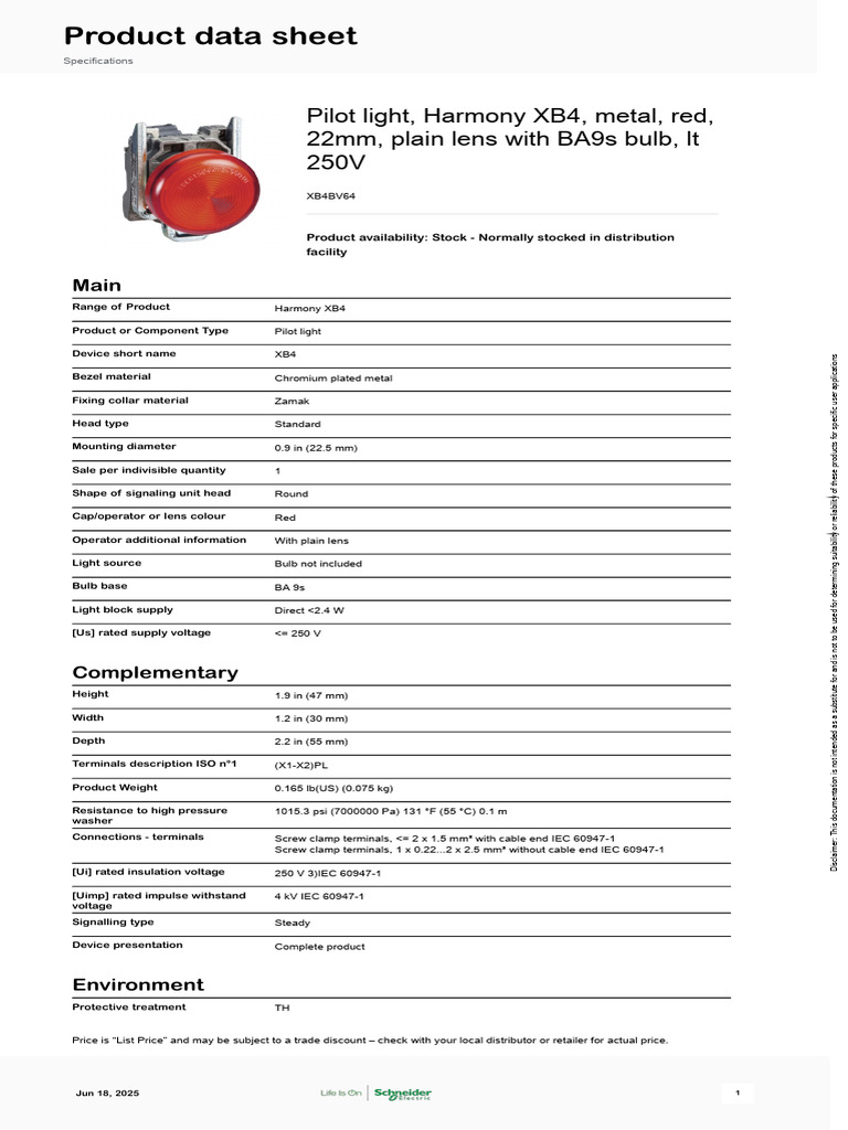 Schneider Electric Harmony XB4 ZB4 Metal Push Buttons XB4BV64 | PDF ...
