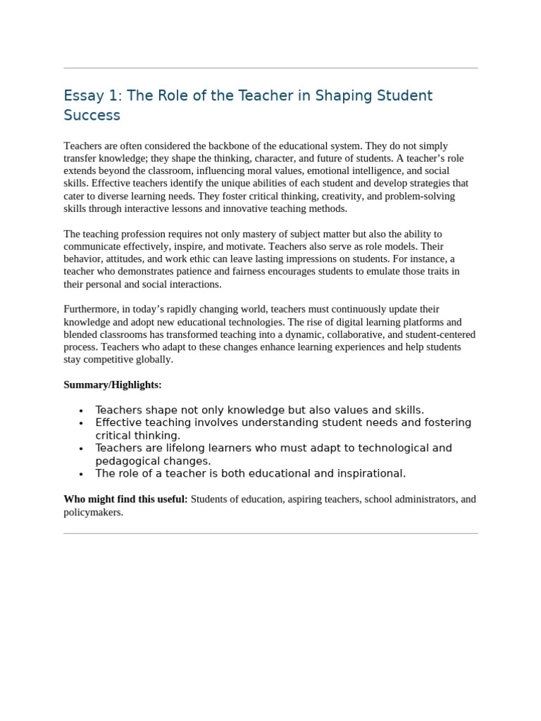 The Role of The Teacher in Shaping Student Success | PDF