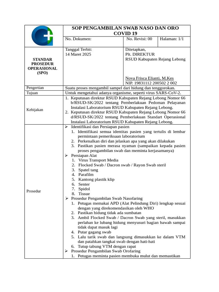 47. Sop Pengambilan Swab Naso Dan Oro Cov 19 | PDF